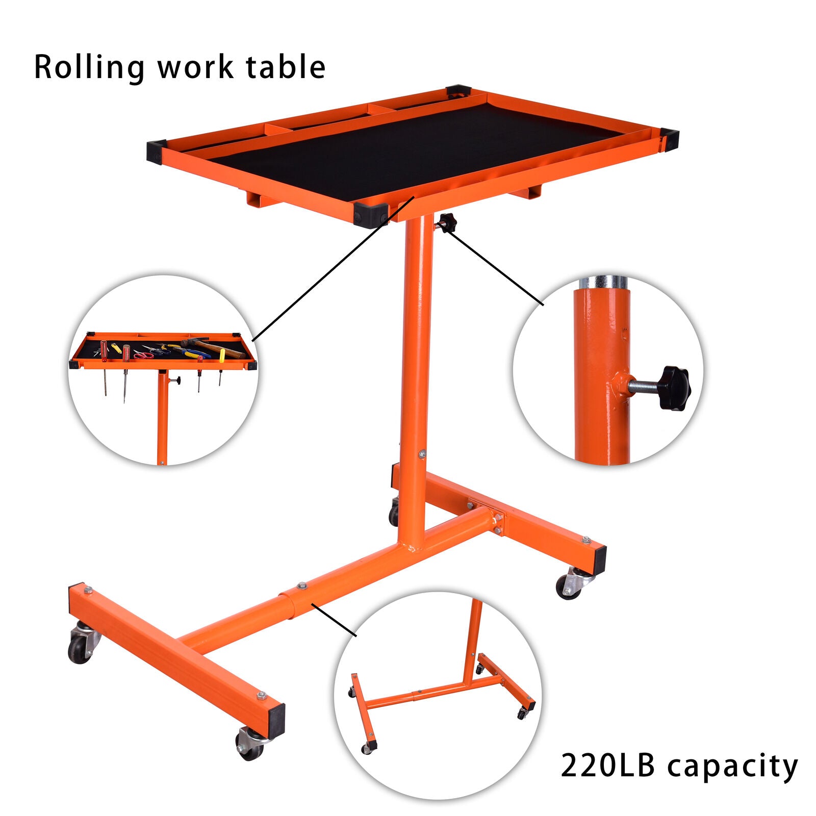 Aain A052 Mechanics Rolling Work Table Adjustable Mobile Tray Table for Shop Garage DIY. Tool Tray Cable with WHEELS. 220 lb. Capacity